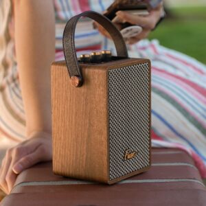 Fuse Andle Vintage Retro Bluetooth Speaker with Vegan Leather Handle | Portable Speaker with Smartphone Connection | USB & AUX Input | Stylish Brown Wood Exterior