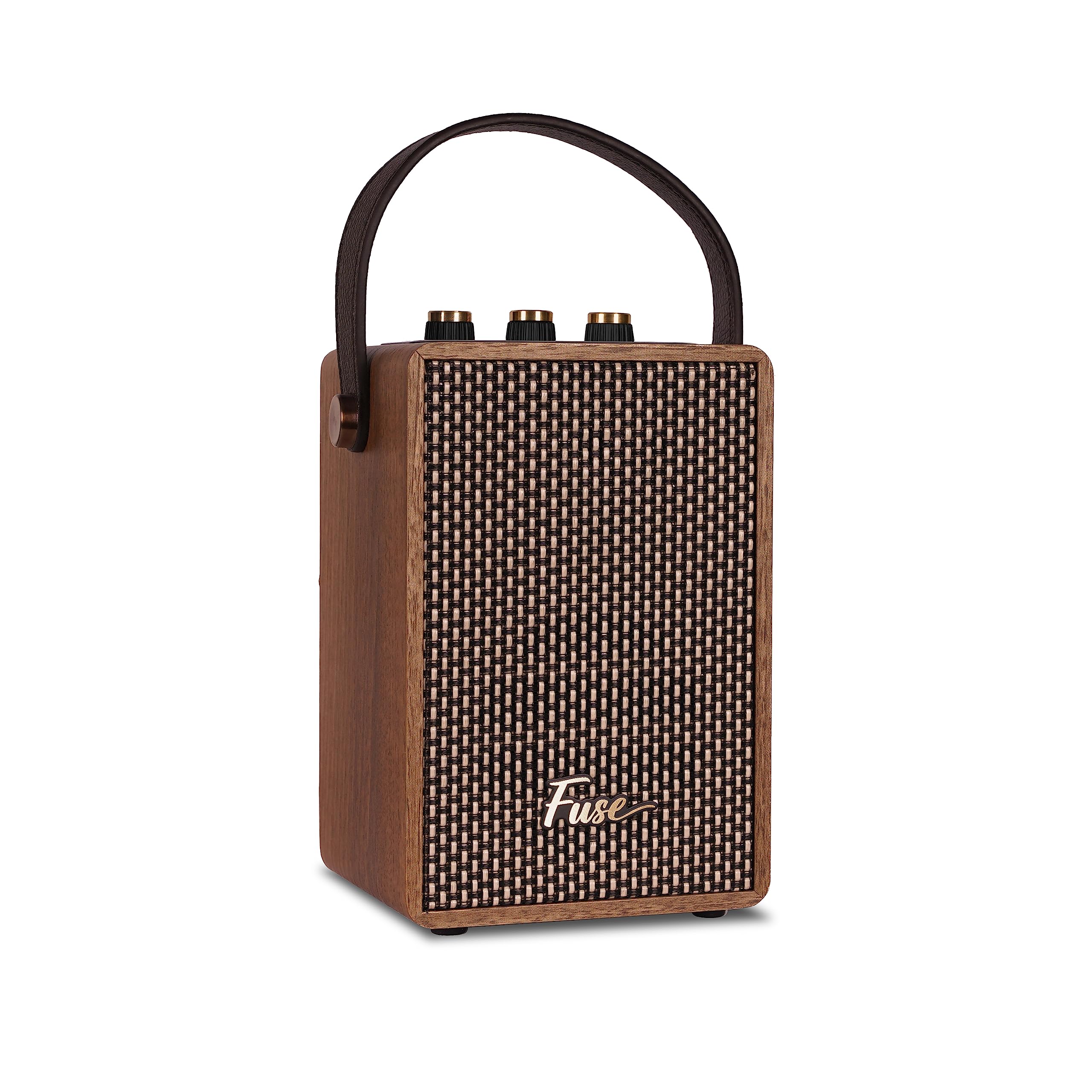 Fuse Andle Vintage Retro Bluetooth Speaker with Vegan Leather Handle | Portable Speaker with Smartphone Connection | USB & AUX Input | Stylish Brown Wood Exterior