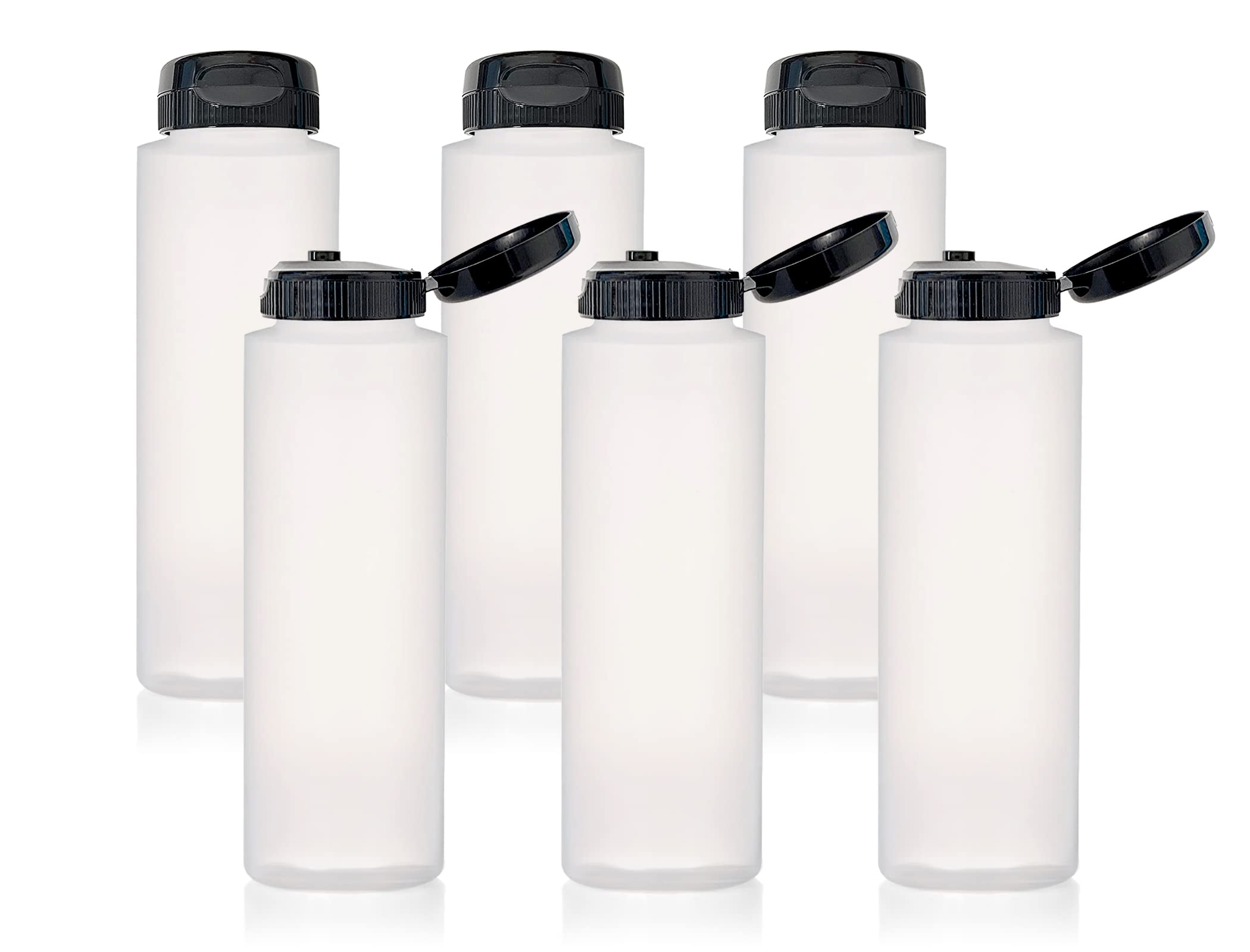 ljdeals 6 Pack 8 oz Plastic Squeeze bottles with Black Flip Top Caps, Wide Mouth for Condiment, Sauces, Multi Purpose, Refillable, Empty Bottles, BPA Free, Made in USA