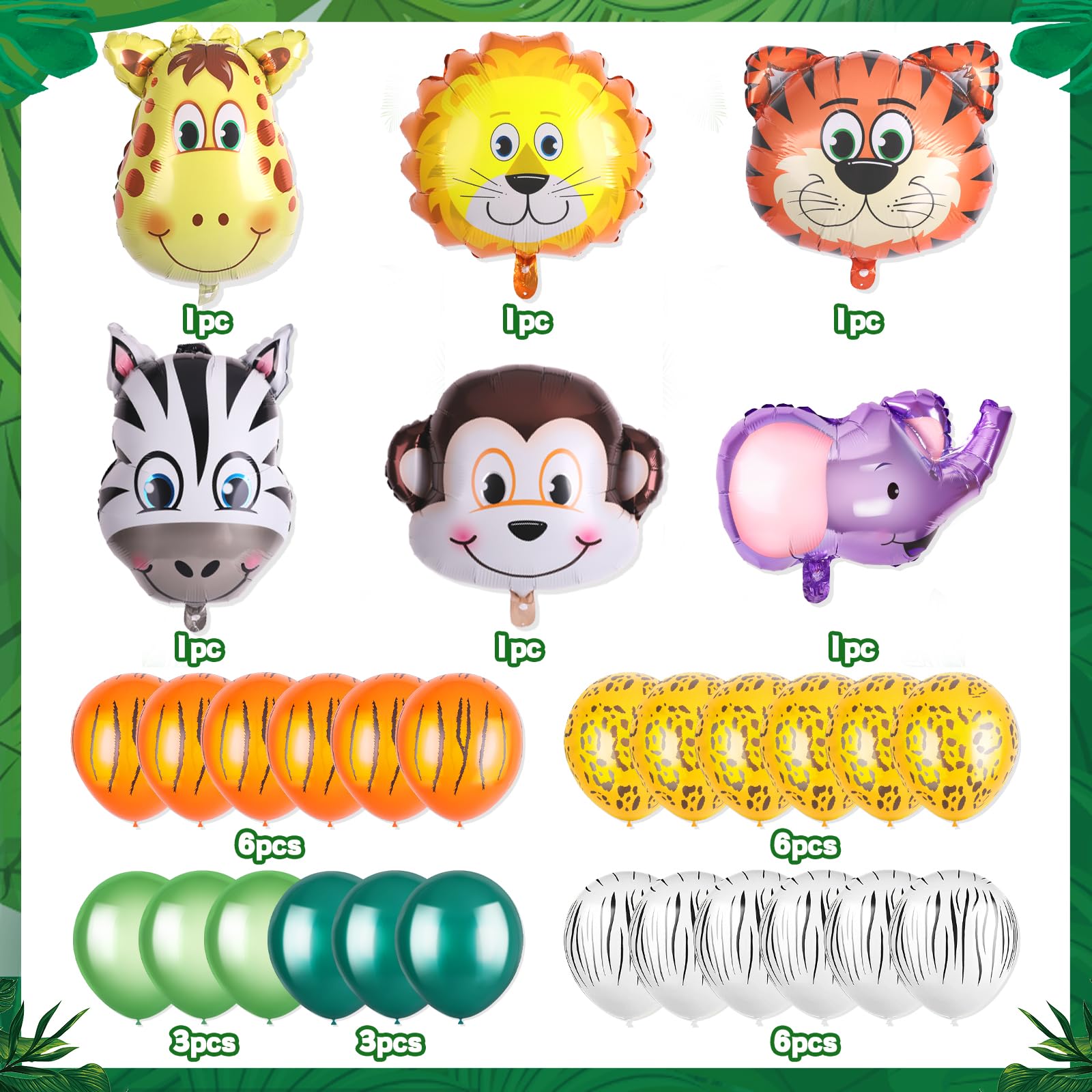 30 Pieces Jungle Safari Birthday Party Decorations, 6 Pack Giant Safari Animal Balloons, 24 Pcs 12 Inch Jungle Animal Print Balloons for Wild One Birthday Party, Baby Shower, Zoo Party Decorations