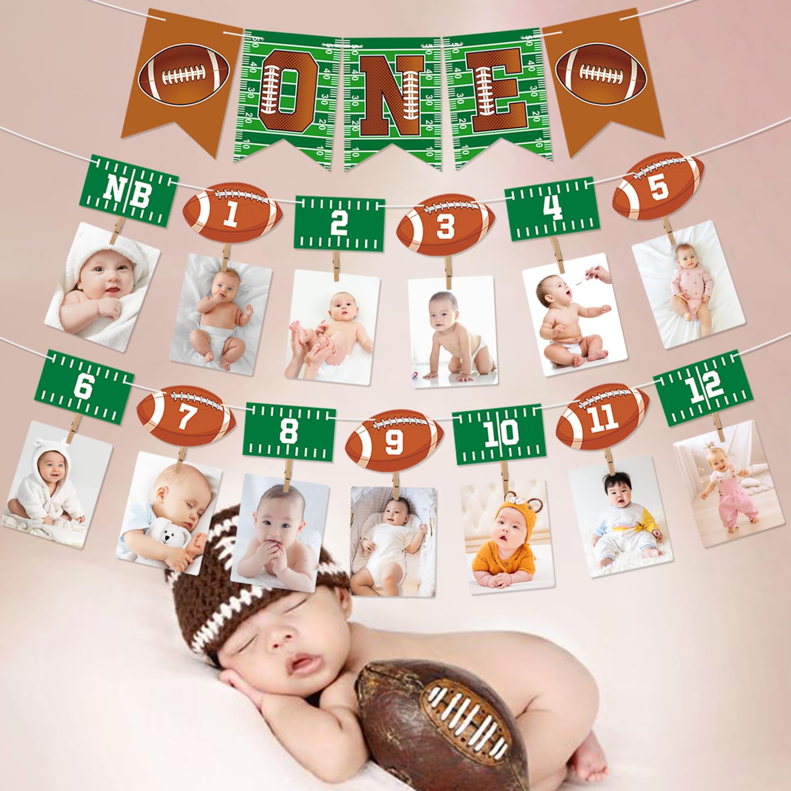 Footbal Birhtday Decorations 1St Birthday Photo Banner 1St Year Down Football Banner First Birthday Monthly Photo Banner Football Theme Birthday Party Supplies