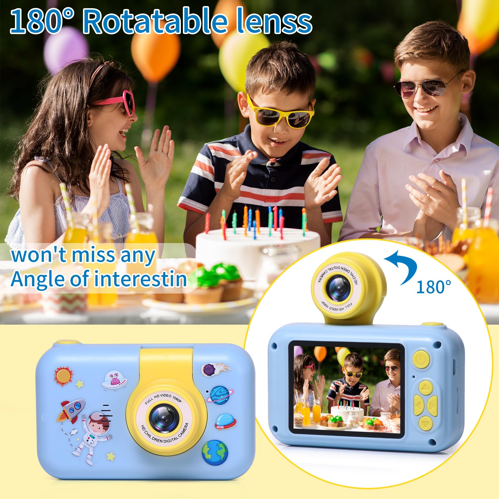 Kids Camera,2.4in IPS Screen Digital Camera,180°Flip Lens Camera,Children Selfie Camera with Playback Game,Christmas/Birthday Gift for 4 5 6 7 8 9 10 11 Year Old Girl Boy (Blue)