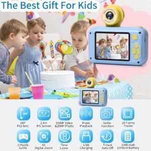 Kids Camera,2.4in IPS Screen Digital Camera,180°Flip Lens Camera,Children Selfie Camera with Playback Game,Christmas/Birthday Gift for 4 5 6 7 8 9 10 11 Year Old Girl Boy (Blue)