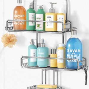 HAMITOR Adjustable Large Shower Organizer with Soap Holder - Rust Proof Bathroom Shelf Shampoo Storage Rack with 3-Tier Baskets - 4 Movable Hooks for Razor Loofah Silver