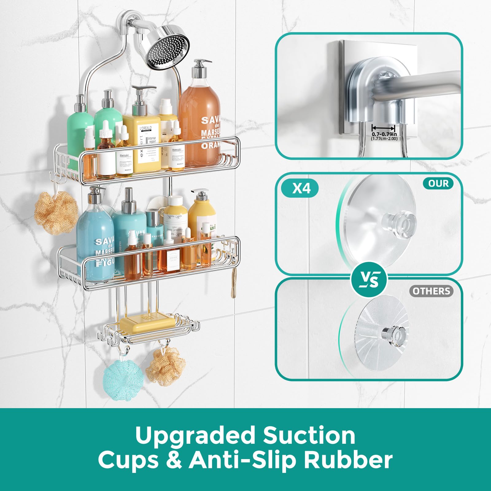 HAMITOR Adjustable Large Shower Organizer with Soap Holder - Rust Proof Bathroom Shelf Shampoo Storage Rack with 3-Tier Baskets - 4 Movable Hooks for Razor Loofah Silver