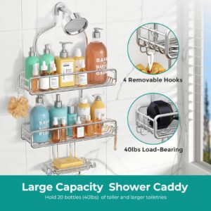 HAMITOR Adjustable Large Shower Organizer with Soap Holder - Rust Proof Bathroom Shelf Shampoo Storage Rack with 3-Tier Baskets - 4 Movable Hooks for Razor Loofah Silver