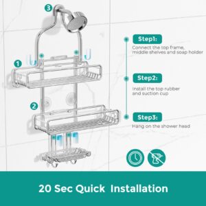 HAMITOR Adjustable Large Shower Organizer with Soap Holder - Rust Proof Bathroom Shelf Shampoo Storage Rack with 3-Tier Baskets - 4 Movable Hooks for Razor Loofah Silver