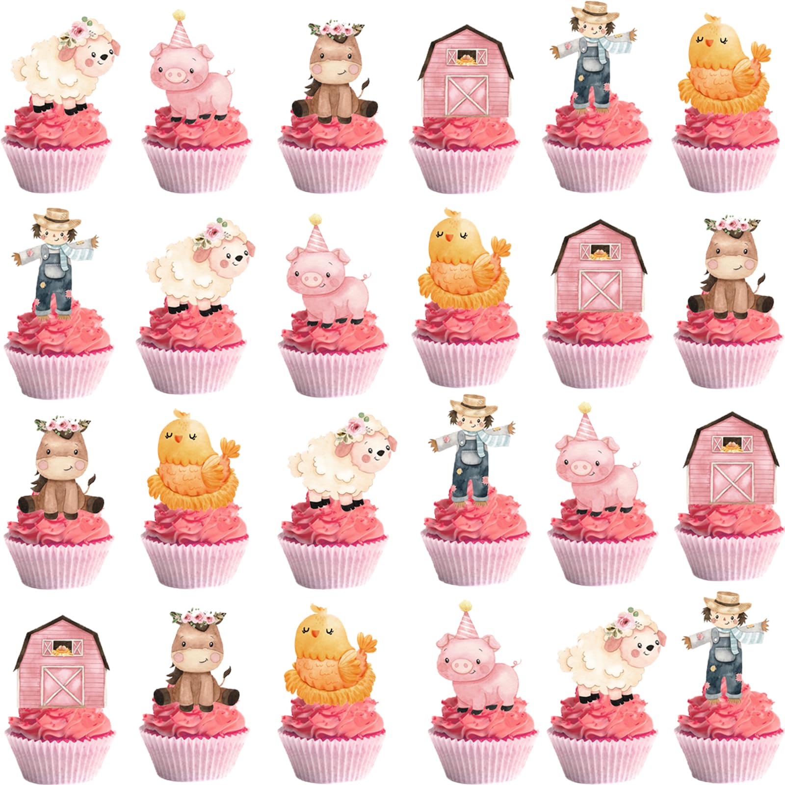 48Pcs Pink Farm Animal Party Cupcake Toppers for Girls Farm Animal Birthday Party Decorations Farm Animal Baby Shower Party Supplies