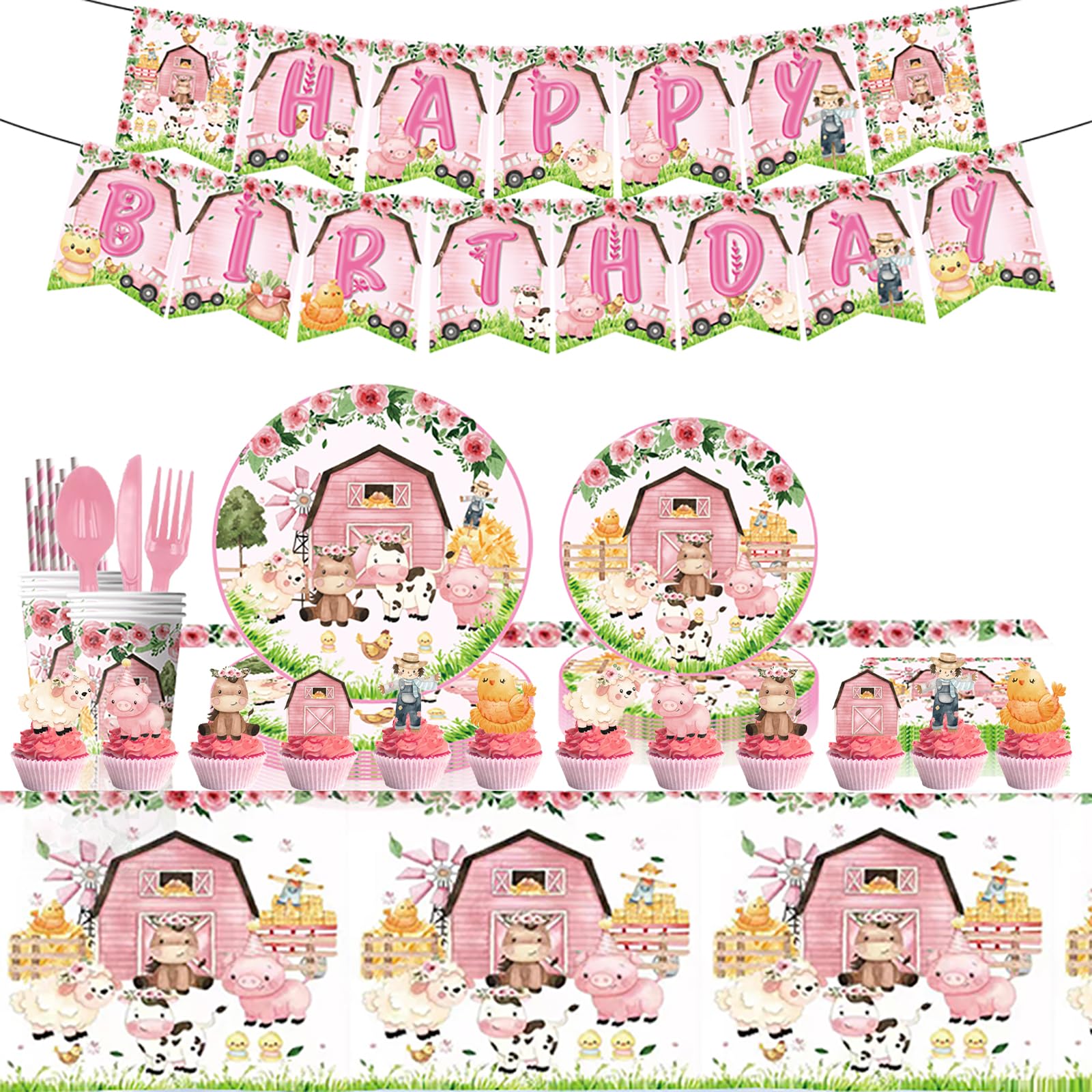 48Pcs Pink Farm Animal Party Cupcake Toppers for Girls Farm Animal Birthday Party Decorations Farm Animal Baby Shower Party Supplies