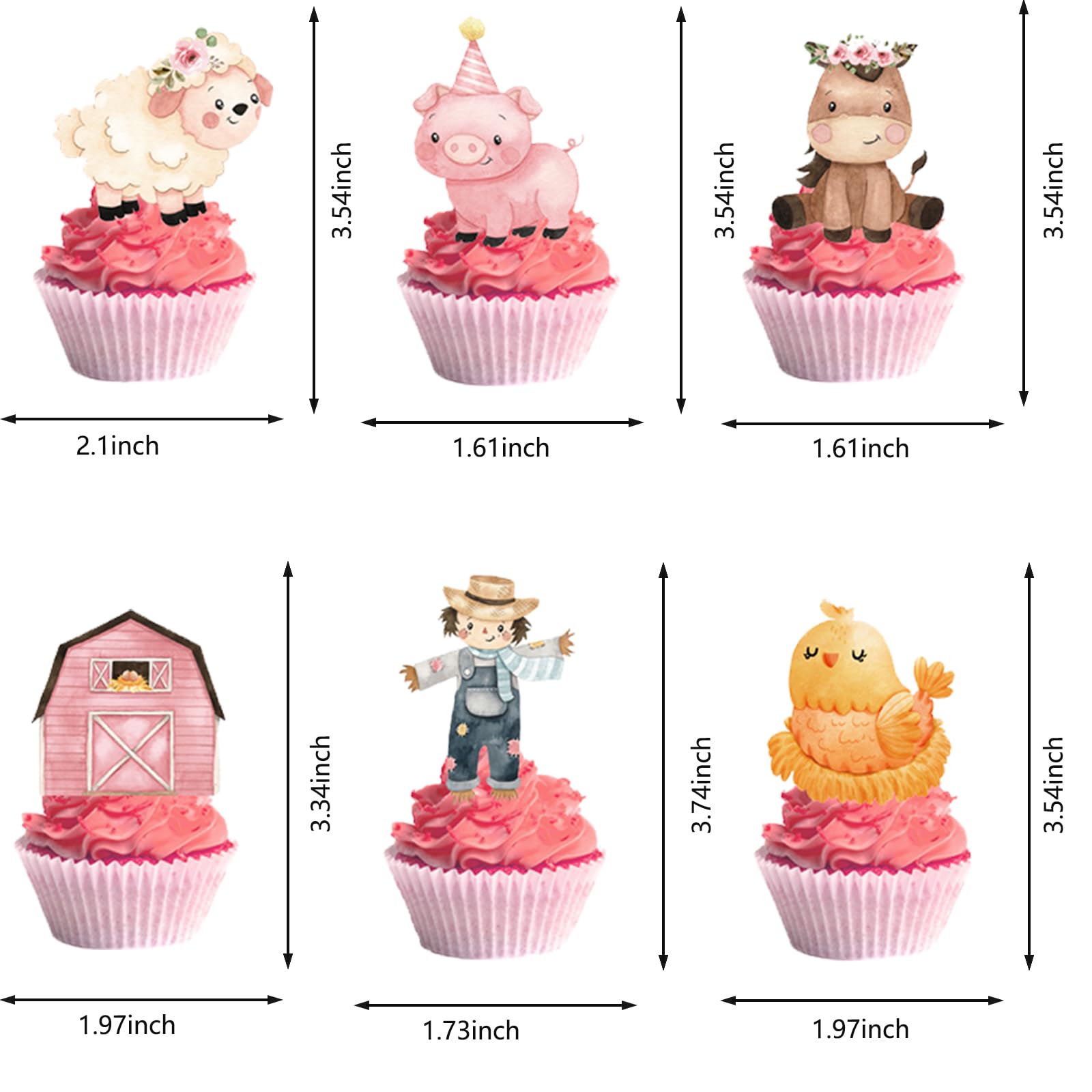 48Pcs Pink Farm Animal Party Cupcake Toppers for Girls Farm Animal Birthday Party Decorations Farm Animal Baby Shower Party Supplies