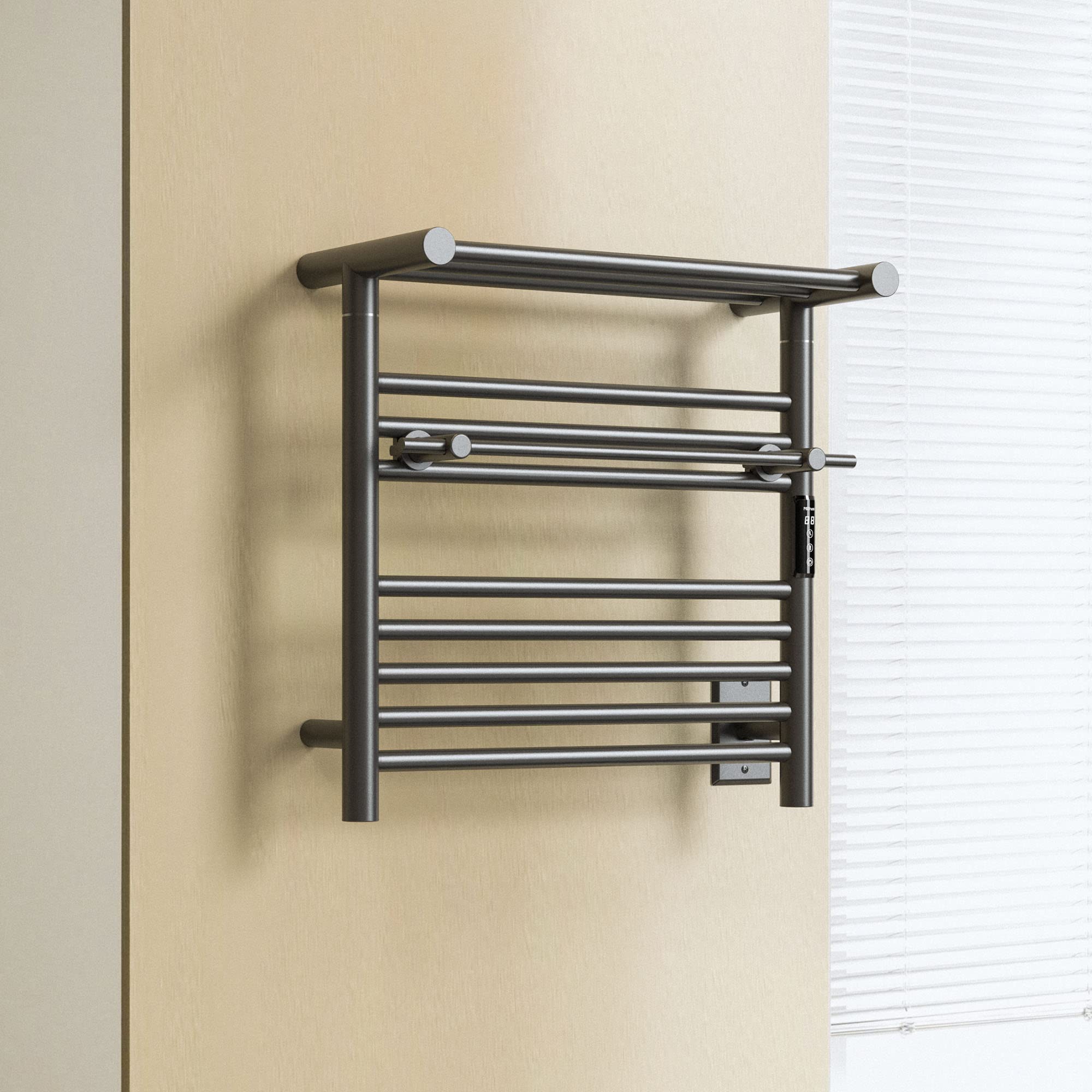 P&Bhursri Heated Towel Rack for Bathroom, Towel Warmer with Top Shelf, Wall Mounted Towel Warmer Rack, Hard-Wired/Plug-in, Matte Black