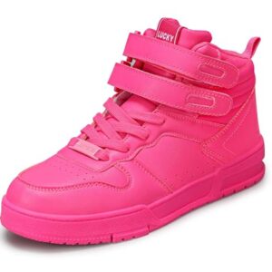 LUCKY STEP Women's High Top Fashion Sneakers Basketball Ankle Boots Walking Tennis Shoes Platform Hook and Loop Casual Faux Leather Sneaker(Hot Pink,8B(M) US)