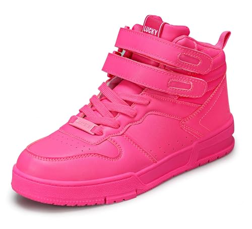 LUCKY STEP Women's High Top Fashion Sneakers Basketball Ankle Boots Walking Tennis Shoes Platform Hook and Loop Casual Faux Leather Sneaker(Hot Pink,8B(M) US)