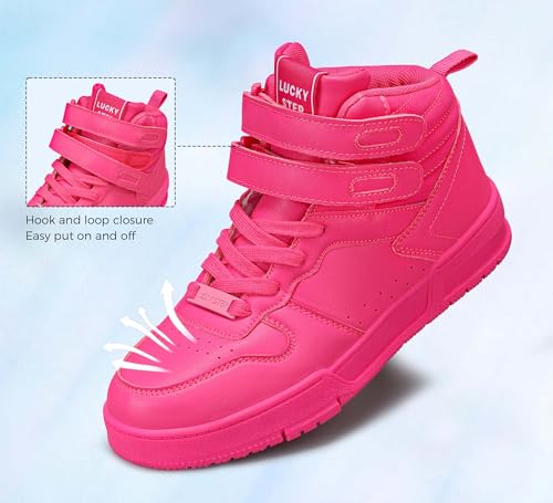 LUCKY STEP Women's High Top Fashion Sneakers Basketball Ankle Boots Walking Tennis Shoes Platform Hook and Loop Casual Faux Leather Sneaker(Hot Pink,8B(M) US)