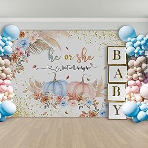 Mocsicka Pumpkin Gender Reveal Backdrop Autumn Fall Pumpkin Baby Shower Party Decorations Boy or Girl Thanksgiving Pumpkin Gender Reveal Party Cake Table Banner (Blue/Pink, 7x5ft(82''x60''))