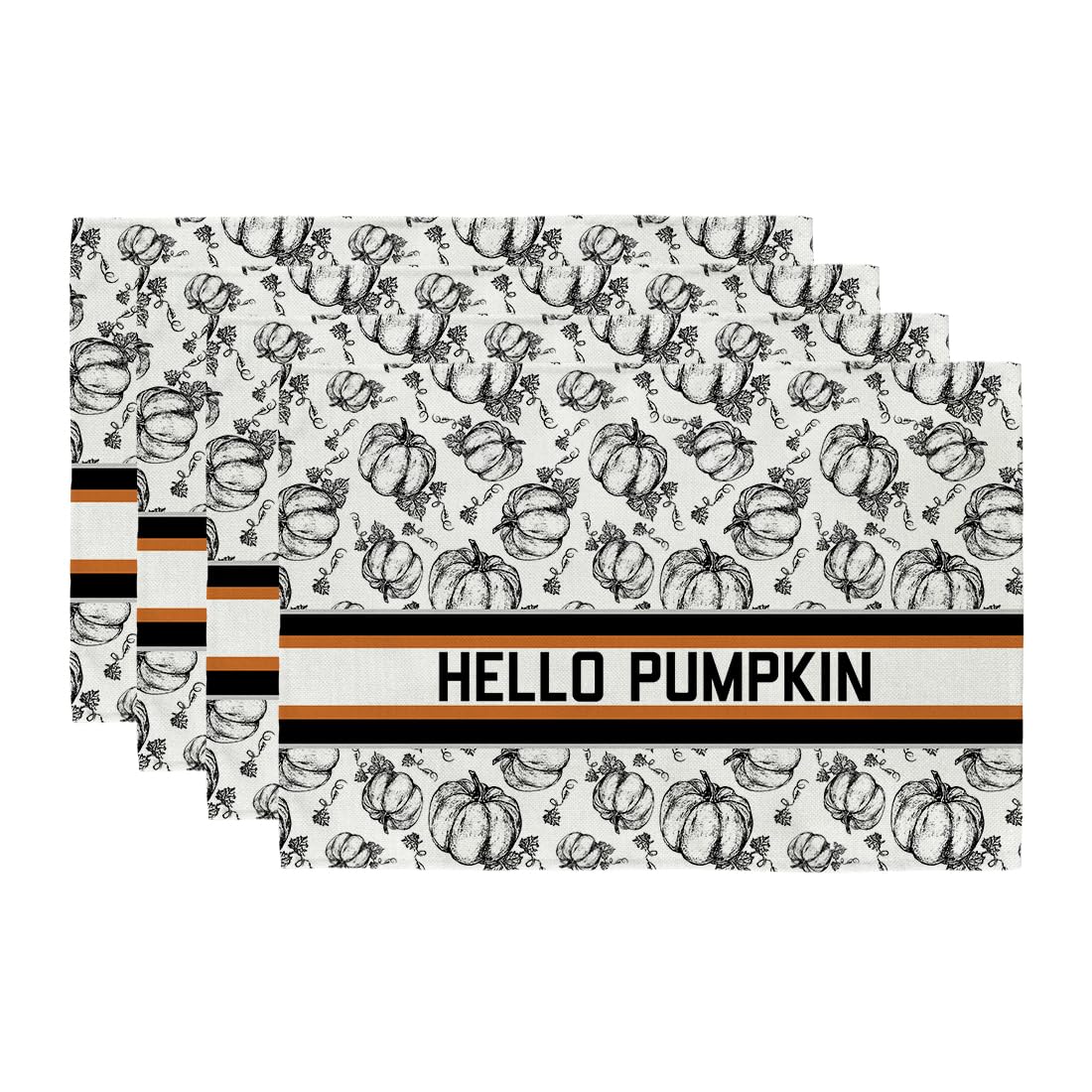 ARKENY Fall Thanksgiving Placemats 12x18 Inches Set of 4, Hello Pumpkin Hand Drawn,Seasonal Burlap Farmhouse Black White Indoor Kitchen Dining Table Autumn Decorations for Home Party AP446-18