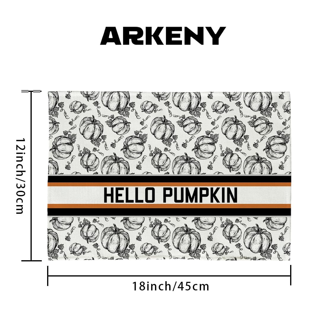 ARKENY Fall Thanksgiving Placemats 12x18 Inches Set of 4, Hello Pumpkin Hand Drawn,Seasonal Burlap Farmhouse Black White Indoor Kitchen Dining Table Autumn Decorations for Home Party AP446-18