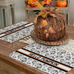 ARKENY Fall Thanksgiving Placemats 12x18 Inches Set of 4, Hello Pumpkin Hand Drawn,Seasonal Burlap Farmhouse Black White Indoor Kitchen Dining Table Autumn Decorations for Home Party AP446-18