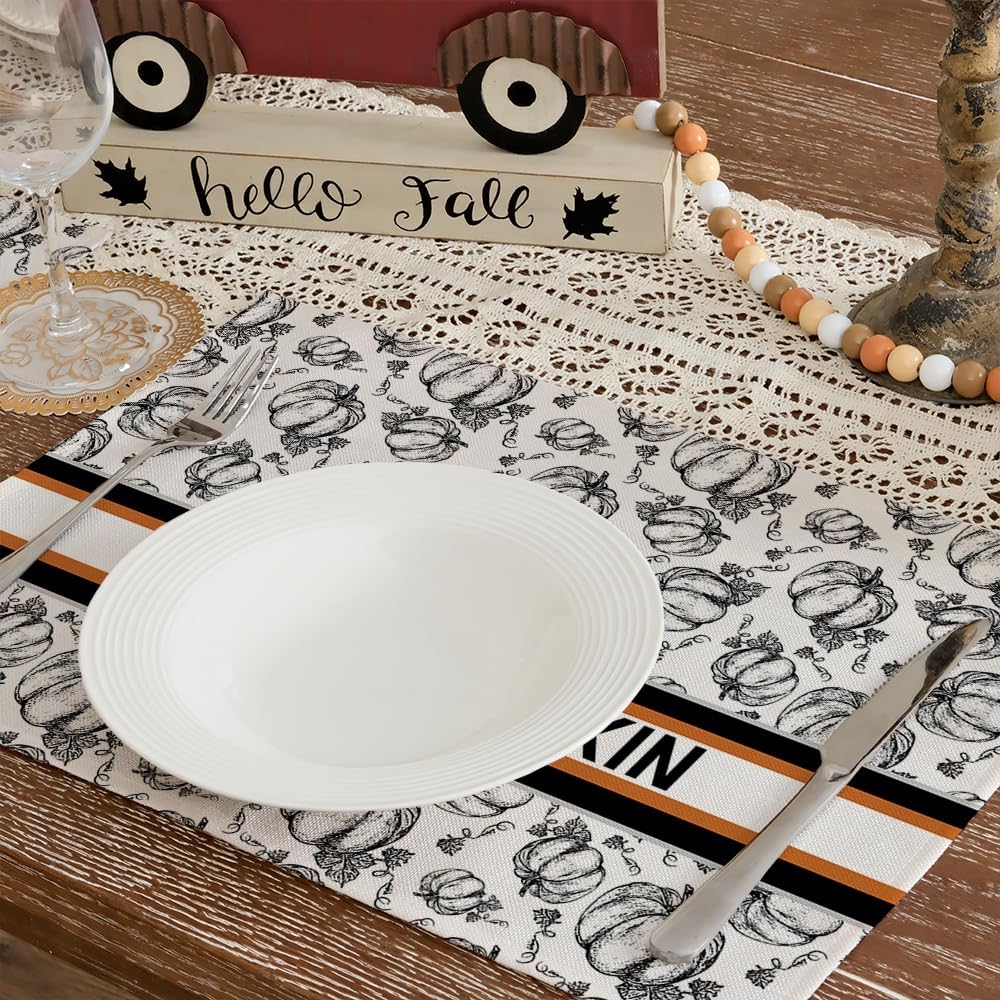 ARKENY Fall Thanksgiving Placemats 12x18 Inches Set of 4, Hello Pumpkin Hand Drawn,Seasonal Burlap Farmhouse Black White Indoor Kitchen Dining Table Autumn Decorations for Home Party AP446-18