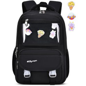 girls backpack, kawaii kids school backpacks with cute pin accessories for girls, cute book bag with compartments for teen girl kid students elementary middle school, kids' school bag, 16in(black)