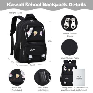 Girls Backpack, Kawaii Kids School Backpacks with Cute Pin Accessories for Girls, Cute Book Bag with Compartments for Teen Girl Kid Students Elementary Middle School, Kids' School Bag, 16in(Black)