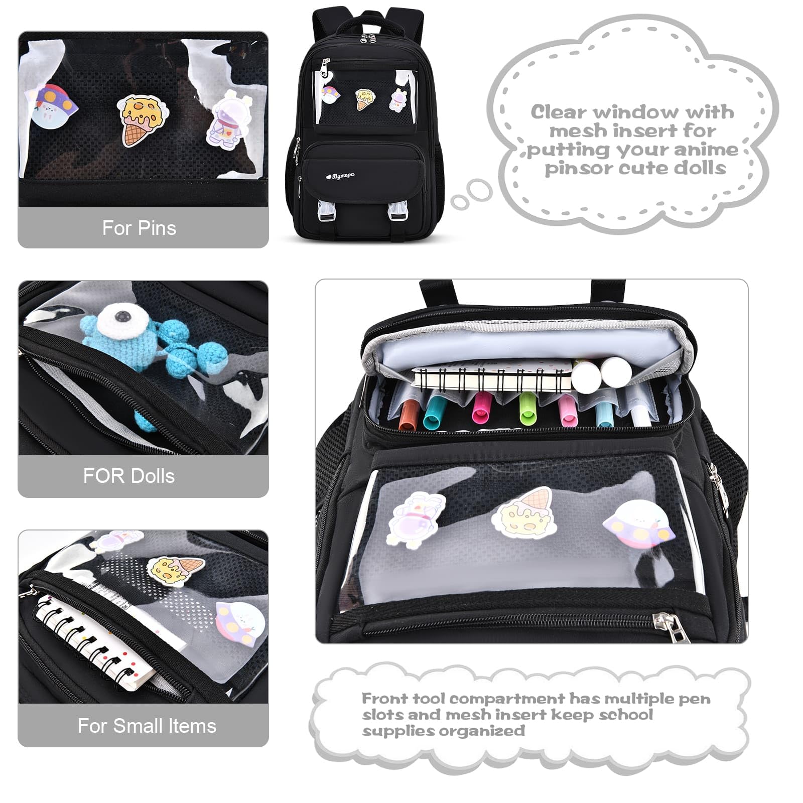 Girls Backpack, Kawaii Kids School Backpacks with Cute Pin Accessories for Girls, Cute Book Bag with Compartments for Teen Girl Kid Students Elementary Middle School, Kids' School Bag, 16in(Black)