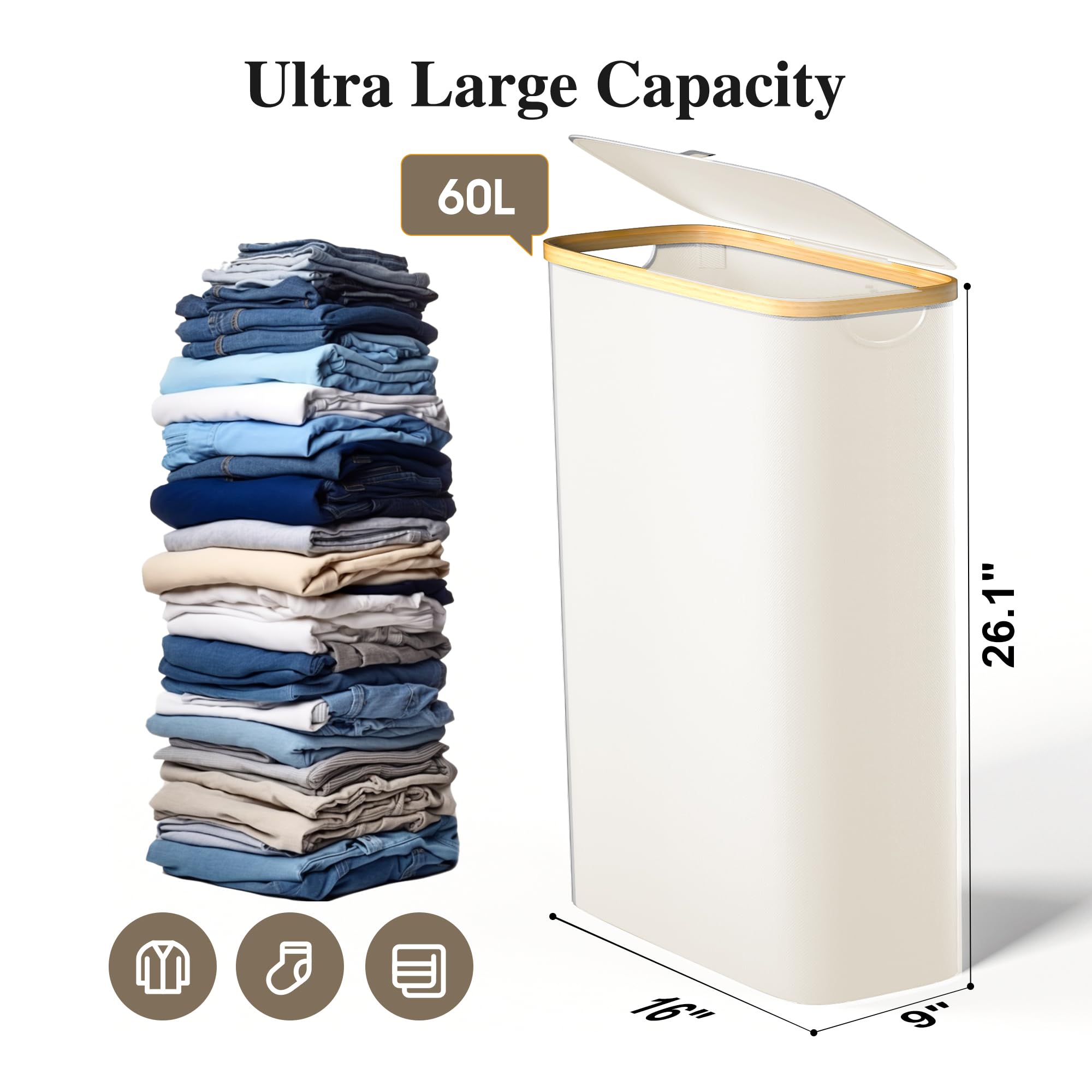 Foluck Large Laundry Hamper, 200L Waterproof Laundry Basket with Lid and Removable Bag, Collapsible Tall Clothes Hamper with Bamboo Handles for Clothes Toys in Dorm Bedroom Bathroom, Grey