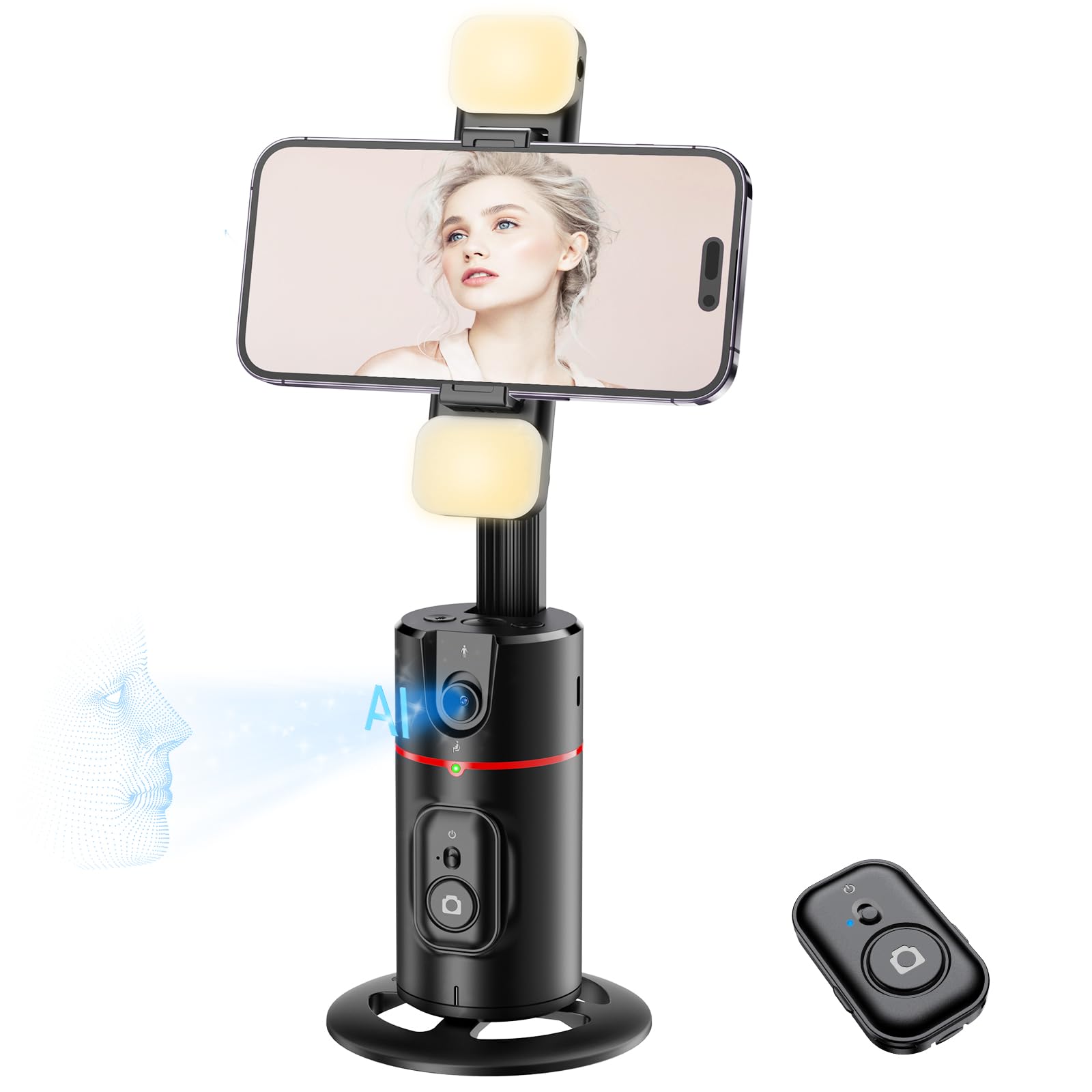 Auto Face Tracking Tripod with Rechargeable Fill Light with 6 Levels of Brightness, 360° Rotation Face Body Phone Camera Mount Gesture Control, Smart Shooting Holder for Vlog, Streaming, Video, Tiktok