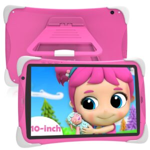 kids tablet, 10 inch tablet for kids, android 12, parental control, kid content pre-installed, 2gb 32gb(sd to 128gb), 6000 mah battery, eye protection mode, google store, with stand, pink