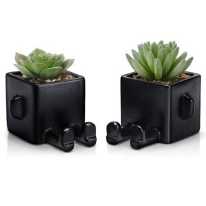 woodword desk plant fake succulents in black modern human shaped ceramic pots desk decor for office plants decor for table shelf centerpieces, cute fake plants bathroom decor 2pcs