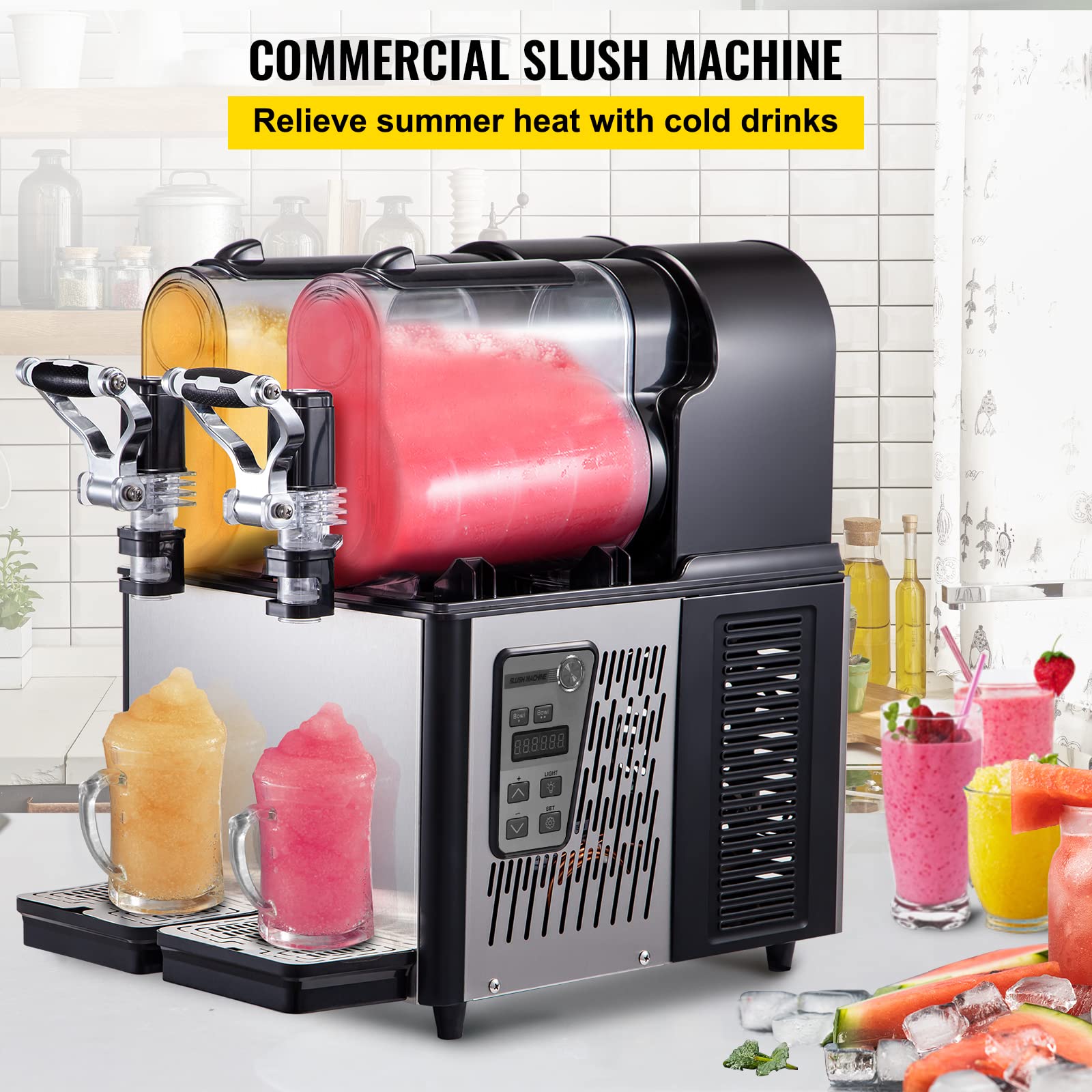 VEVOR Slushy Machine, 3Lx2Tank Slushie Machine for Home, 370W Commercial Slushy Machine, Slushy Machine for Frozen Drinks Automatic Clean, Slushy Machine for Home Supermarkets Cafes Restaurants