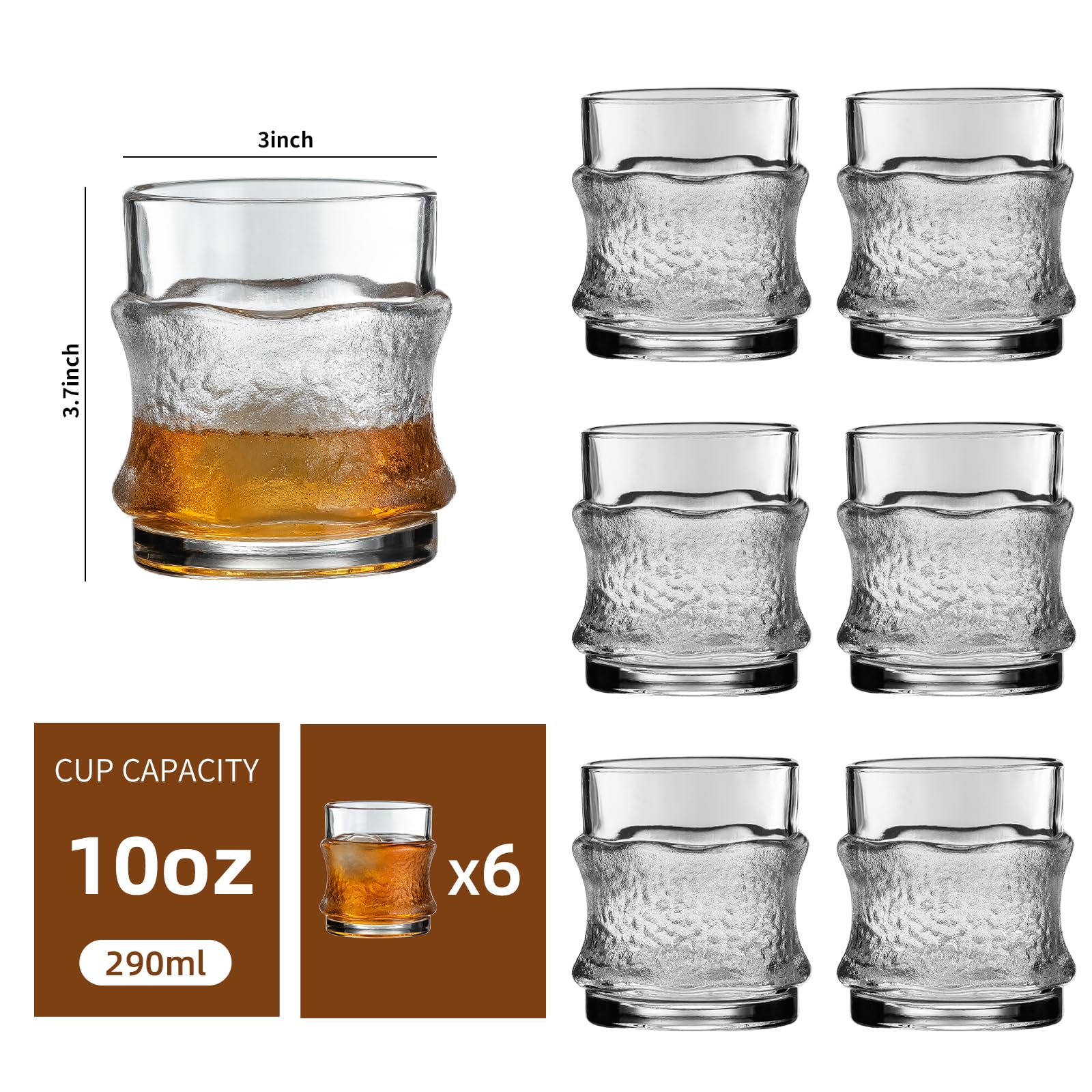 PTSTING Whiskey Glasses 10 oz Old Fashioned Whiskey Glasses Scotch Glasses Set of 6 Rocks Glass for Scotch Bourbon Whisky Cocktail Cognac Vodka Gin Tequila Rum Liquor Rye