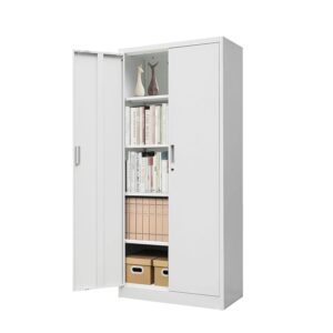 yeezer metal storage cabinet with locking doors and shelves, 71" large garage locker with 4 adjustable shelves, steel file cabinet for office, garage, home & pantry (white)