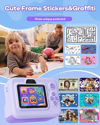 Dylanto Instant Print Camera for Kids,2.4 Inch Screen Kids Instant Cameras, Christmas Birthday Gifts for Girls Age 3-12, Portable Toddler Toy for 3 4 5 6 7 8 9 10 Year Old Girls Boys Purple