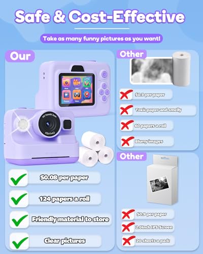 Dylanto Instant Print Camera for Kids,2.4 Inch Screen Kids Instant Cameras, Christmas Birthday Gifts for Girls Age 3-12, Portable Toddler Toy for 3 4 5 6 7 8 9 10 Year Old Girls Boys Purple