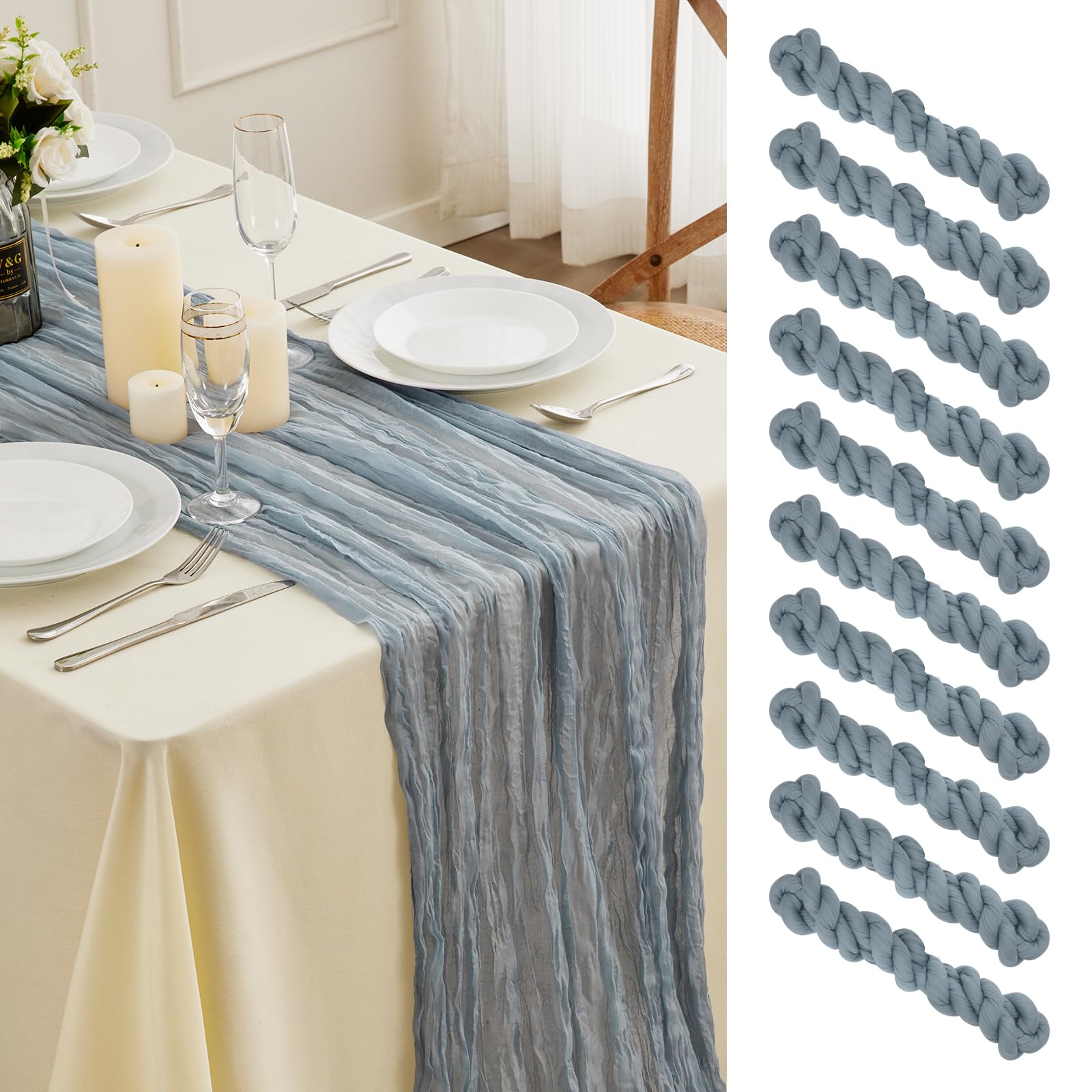 10 Pack Cheesecloth Table Runner - 13.3Ft Dusty Blue Boho Gauze Cheese Cloth Table Runner 35x160 Inch Long Romantic Sheer Table Runner for Wedding Bridal Baby Shower Birthday Party Table Decoration