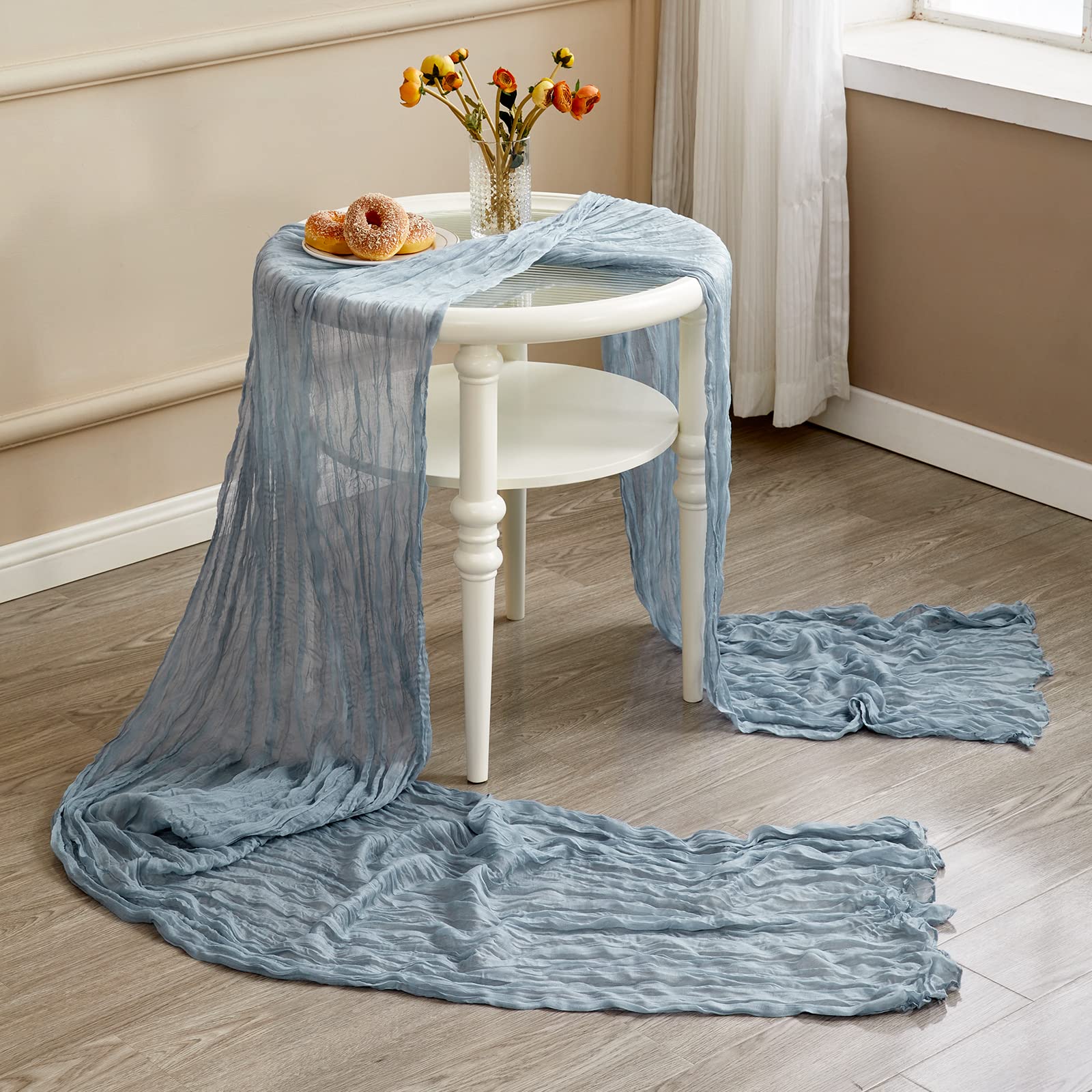 10 Pack Cheesecloth Table Runner - 13.3Ft Dusty Blue Boho Gauze Cheese Cloth Table Runner 35x160 Inch Long Romantic Sheer Table Runner for Wedding Bridal Baby Shower Birthday Party Table Decoration