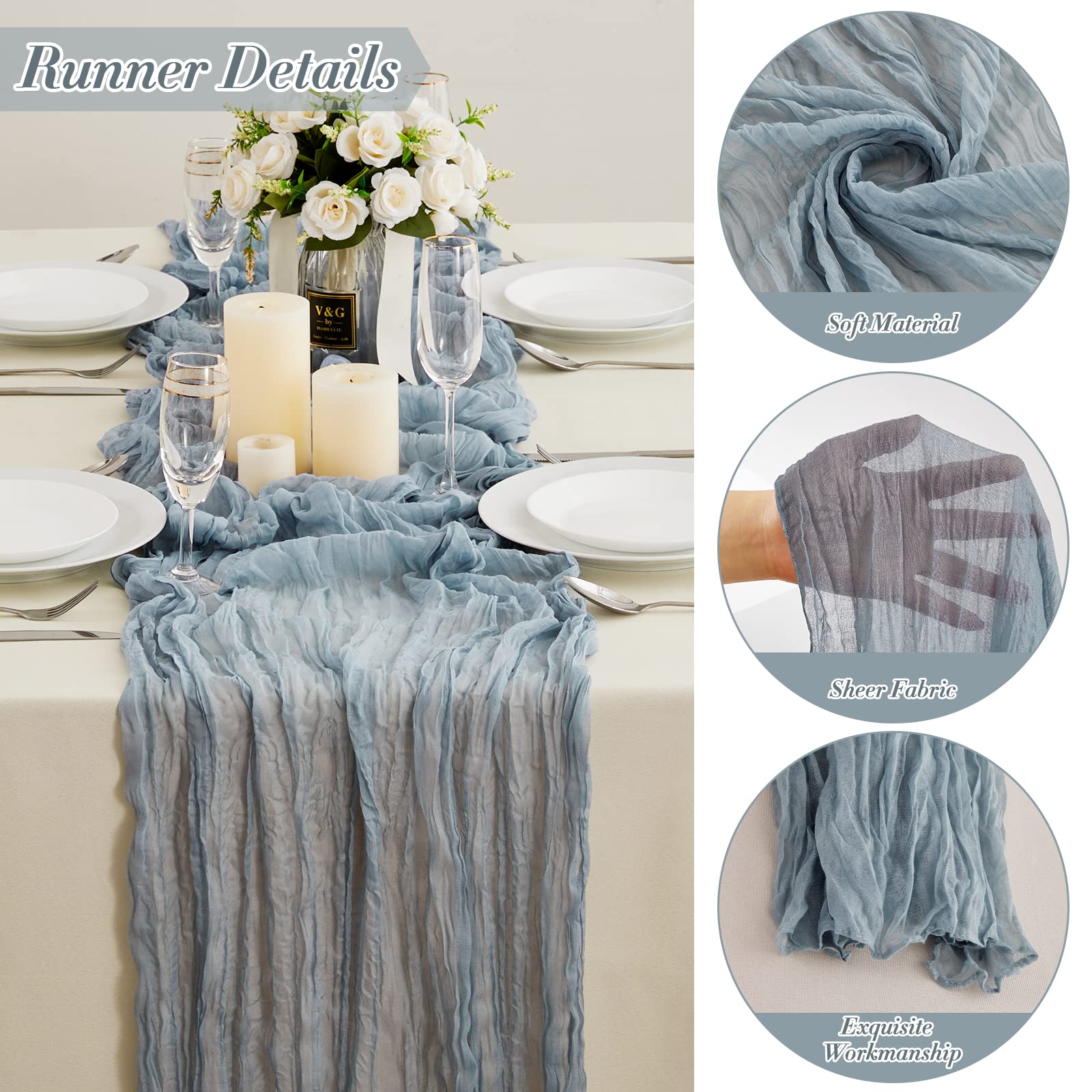 10 Pack Cheesecloth Table Runner - 13.3Ft Dusty Blue Boho Gauze Cheese Cloth Table Runner 35x160 Inch Long Romantic Sheer Table Runner for Wedding Bridal Baby Shower Birthday Party Table Decoration