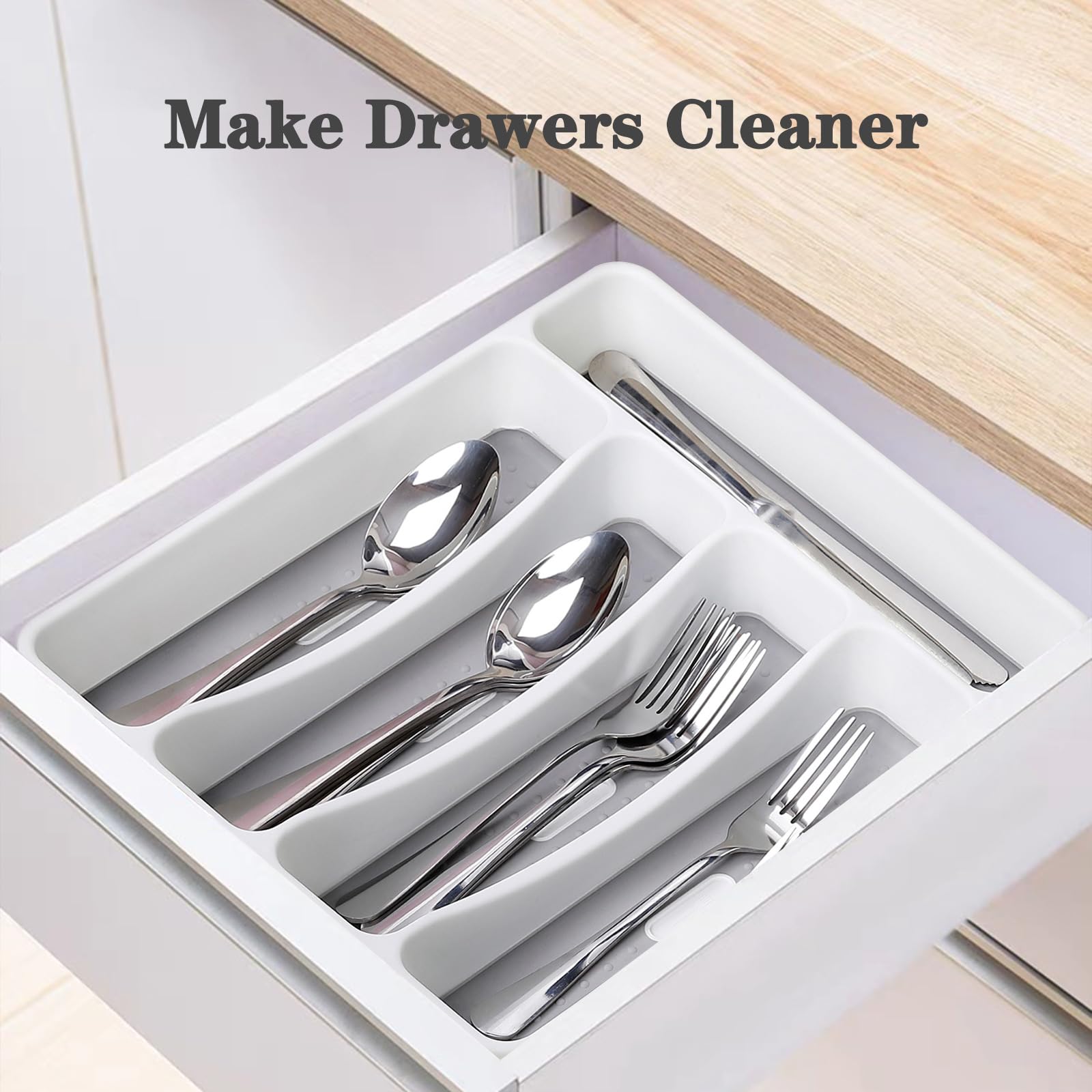 Lizbin Silverware Tray Organizer, Classic Large Silverware Tray, Silverware Organizer 5 Slots for Drawer Utensil Organizer, Kitchen Drawer Organizer, Non Slip Silverware Drawer Organizer Box (White)