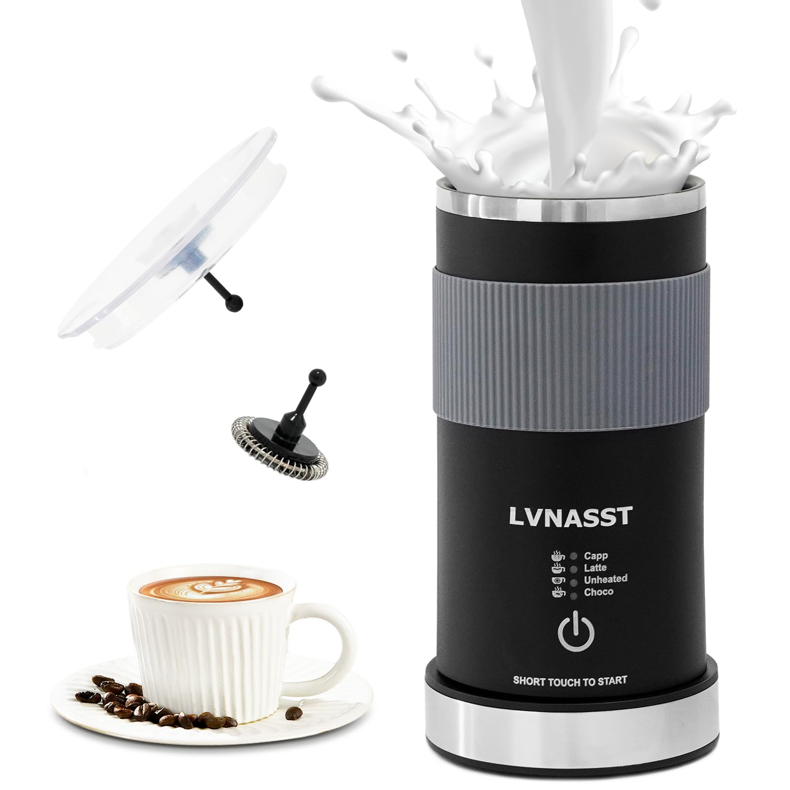 LVNASST Electric Milk Frother 4-IN-1 Hot Cold Foamer for Coffee Auto Shut-Off Milk Warmer, Non-Stick Interior Coating, 2 Whisks Black