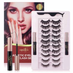 magnetic eyelashes kit ， crwahie 10 pair magnetic lashes with eyeliner & tool, 3d long lasting magnetic eyelashes natural look reusable sweatproof false eyelashes, easy to wear, no glue needed