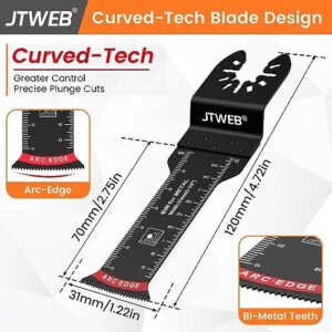 JTWEB Extra Long Oscillating Saw Blades - 12PCS Arc Edge Bi-Metal Multitool Blades Precise Cut for Wood with Nails, Wood, Metal, Universal Quick Release Power Oscillating Tool Blades Kits for Dewalt