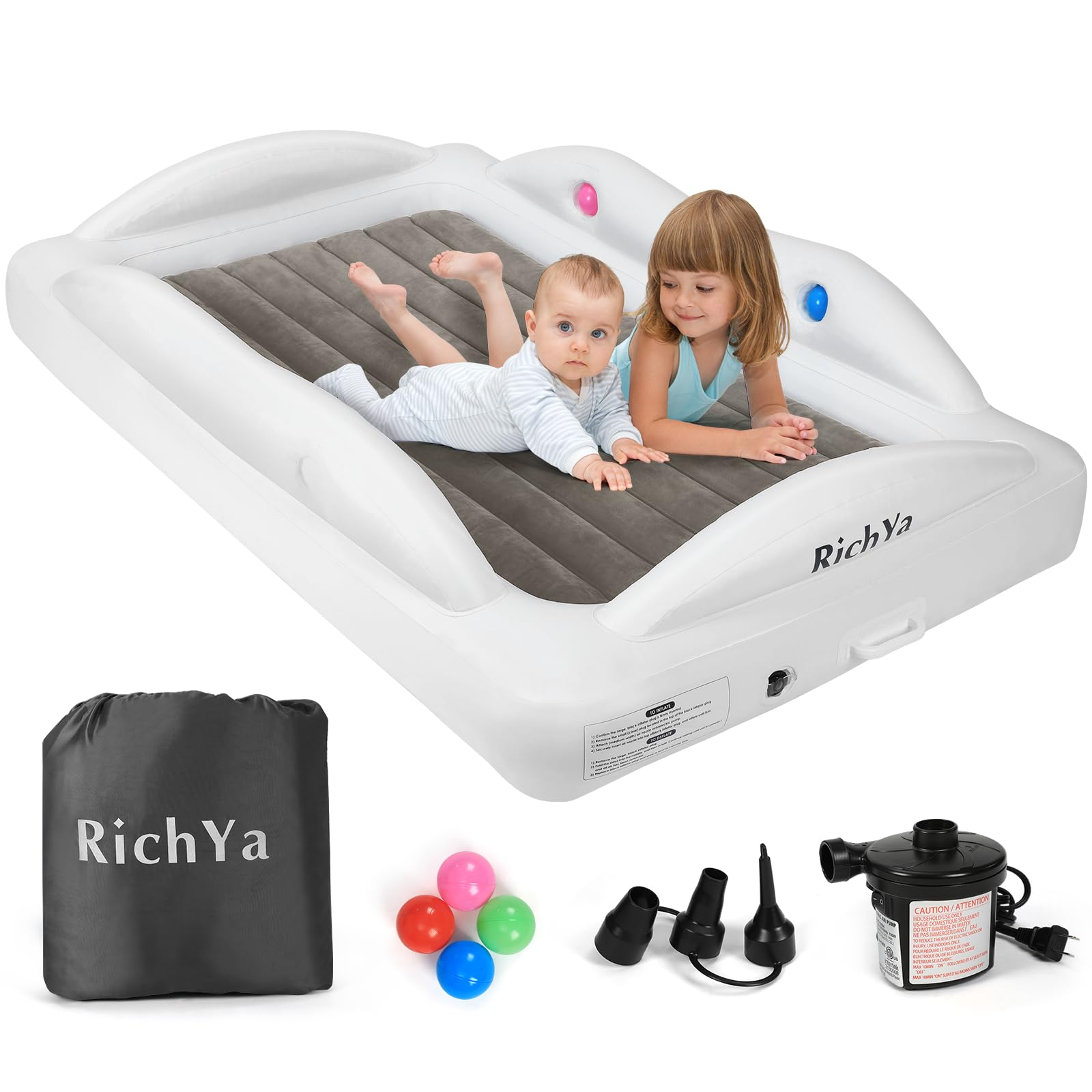 RichYa Inflatable Toddler Travel Bed with 4 Safety Bumpers, Portable Toddler Bed with Sides, Kid Air Mattress with Storage Bag and 120V Electric Pump for Extra Bed and Sleepover - 62*40*12'' - Grey