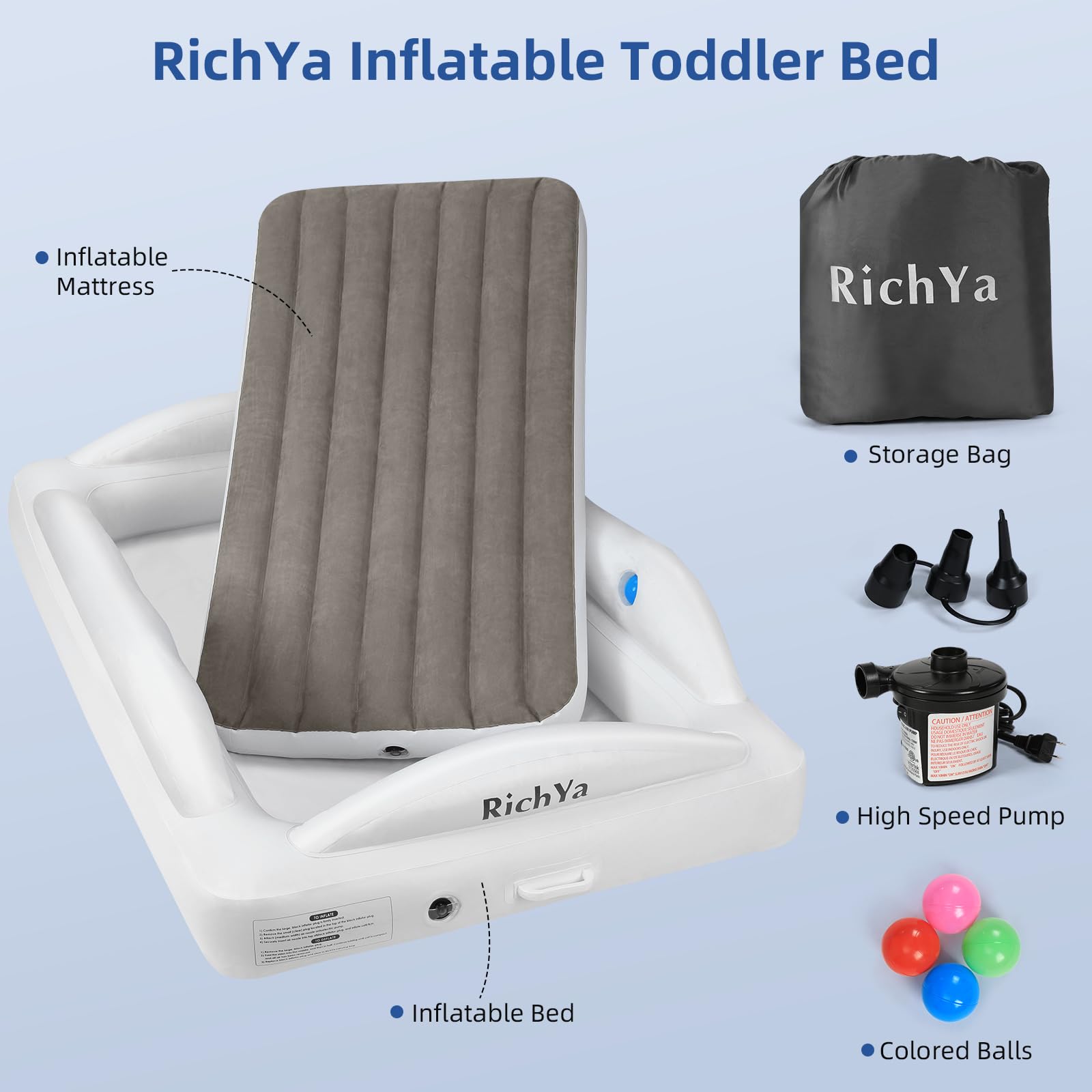 RichYa Inflatable Toddler Travel Bed with 4 Safety Bumpers, Portable Toddler Bed with Sides, Kid Air Mattress with Storage Bag and 120V Electric Pump for Extra Bed and Sleepover - 62*40*12'' - Grey