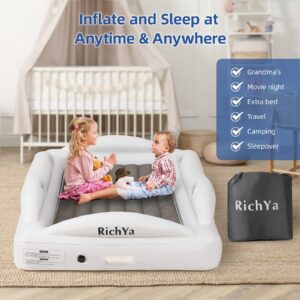 RichYa Inflatable Toddler Travel Bed with 4 Safety Bumpers, Portable Toddler Bed with Sides, Kid Air Mattress with Storage Bag and 120V Electric Pump for Extra Bed and Sleepover - 62*40*12'' - Grey