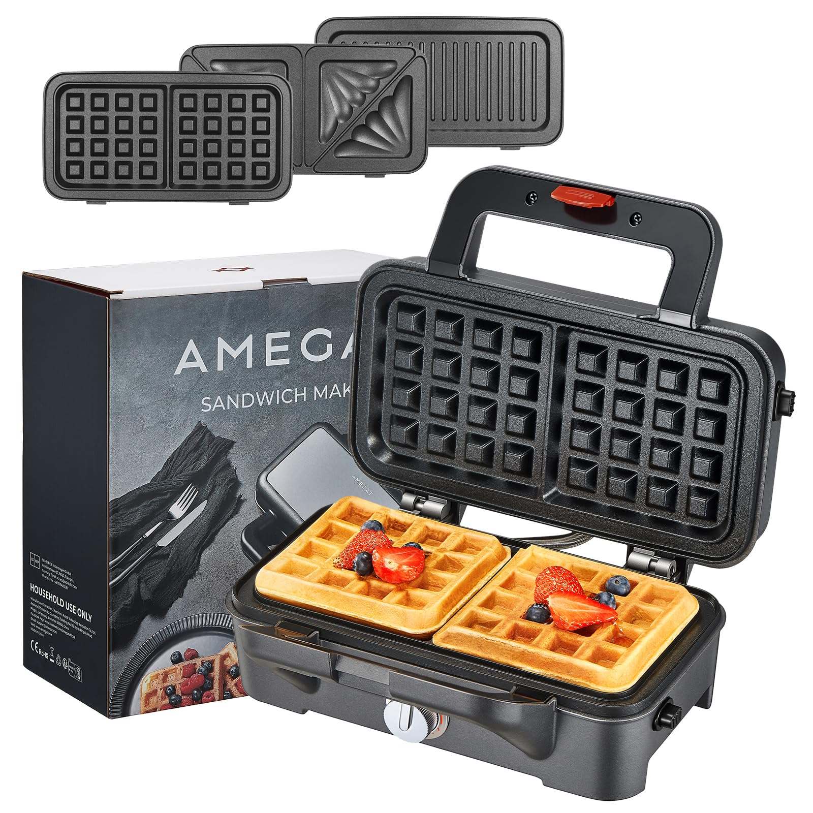 AMEGAT 3 in 1 Sandwich Maker, Waffle Maker with Removables Plates, Panini Press Waffle Iron Set with 5-gear Temperature Control, Non-stick Coating Cool Touch Handle Anti-skid Feet for Breakfast, 1200W