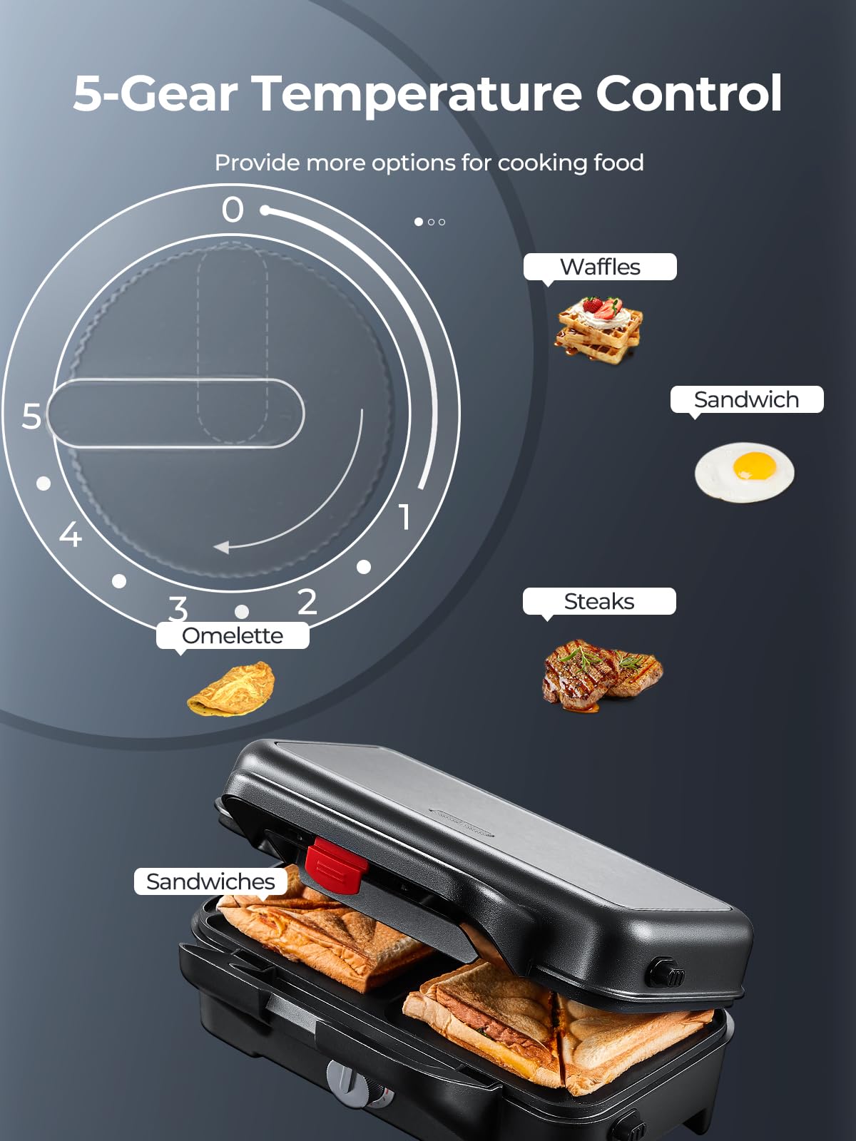 AMEGAT 3 in 1 Sandwich Maker, Waffle Maker with Removables Plates, Panini Press Waffle Iron Set with 5-gear Temperature Control, Non-stick Coating Cool Touch Handle Anti-skid Feet for Breakfast, 1200W