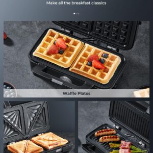 AMEGAT 3 in 1 Sandwich Maker, Waffle Maker with Removables Plates, Panini Press Waffle Iron Set with 5-gear Temperature Control, Non-stick Coating Cool Touch Handle Anti-skid Feet for Breakfast, 1200W