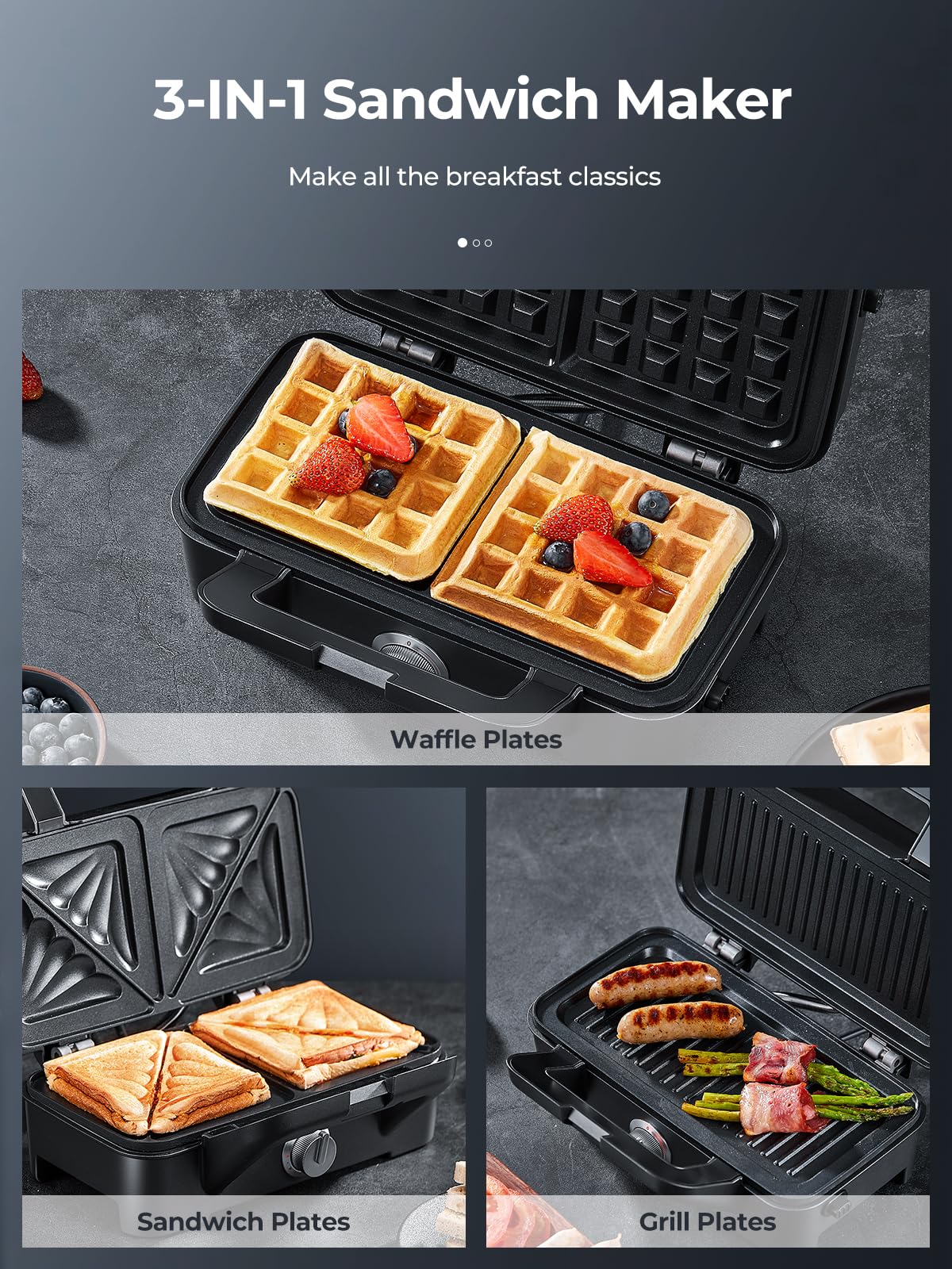 AMEGAT 3 in 1 Sandwich Maker, Waffle Maker with Removables Plates, Panini Press Waffle Iron Set with 5-gear Temperature Control, Non-stick Coating Cool Touch Handle Anti-skid Feet for Breakfast, 1200W