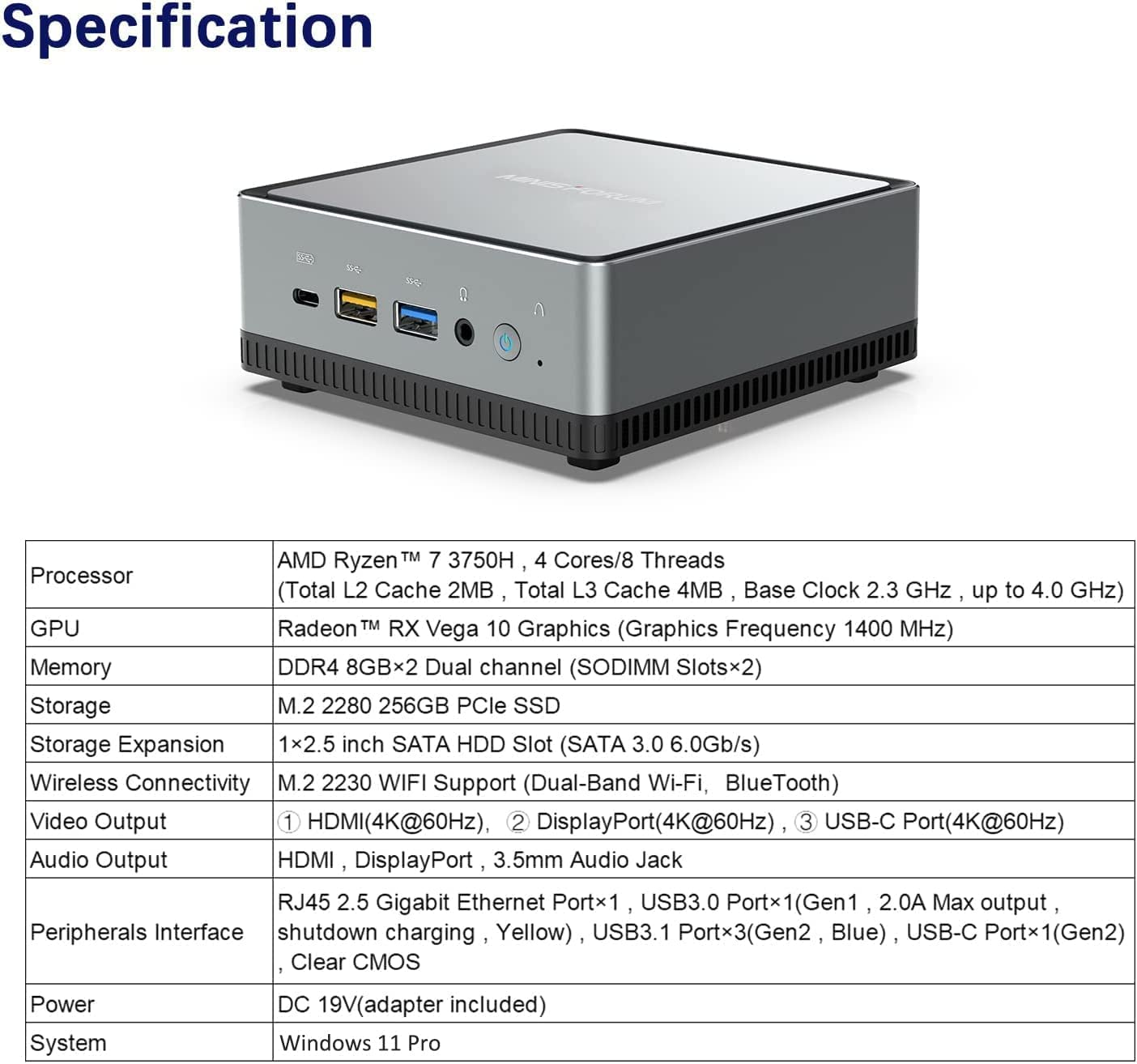 MINISFORUM Mini PC AMD Ryzen 7 3750H UM700|16 GB RAM 256GB PCIe SSD Mini Desktop Computer with Radeon RX Vega 10 Graphics | Dual WiFi BT 5.1 | HDMI/Display/USB-C | 1 X RJ45 | 5X USB Port